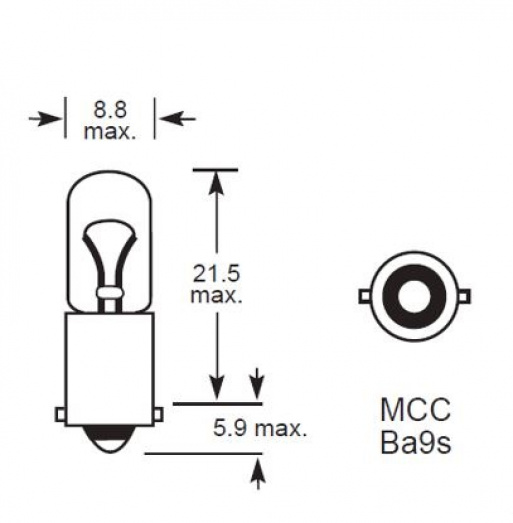 B233B: 12 Volt 4W MCC BA9S base Side bulb with 8.5mm tubular glass ...